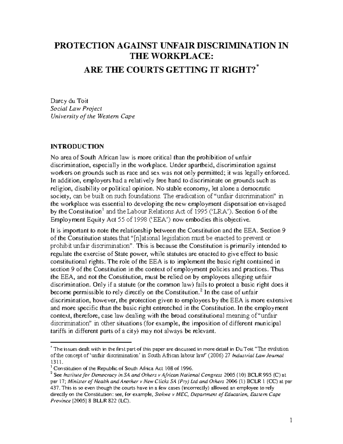 Protection Against Unfair Discrimination in the Workplace: An Analysis ...
