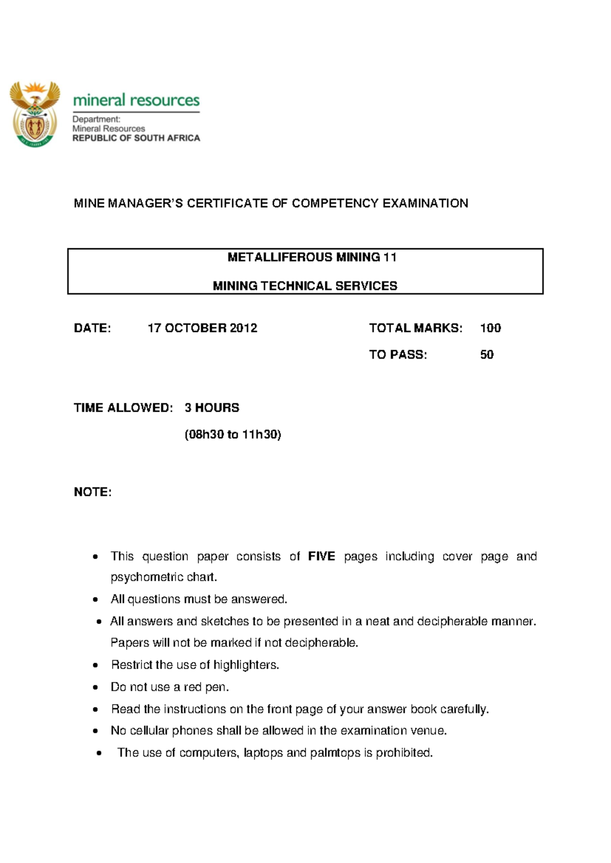MINE 11 Final Exam QP - Hard Rock Mining - Oct 2012 - Studocu