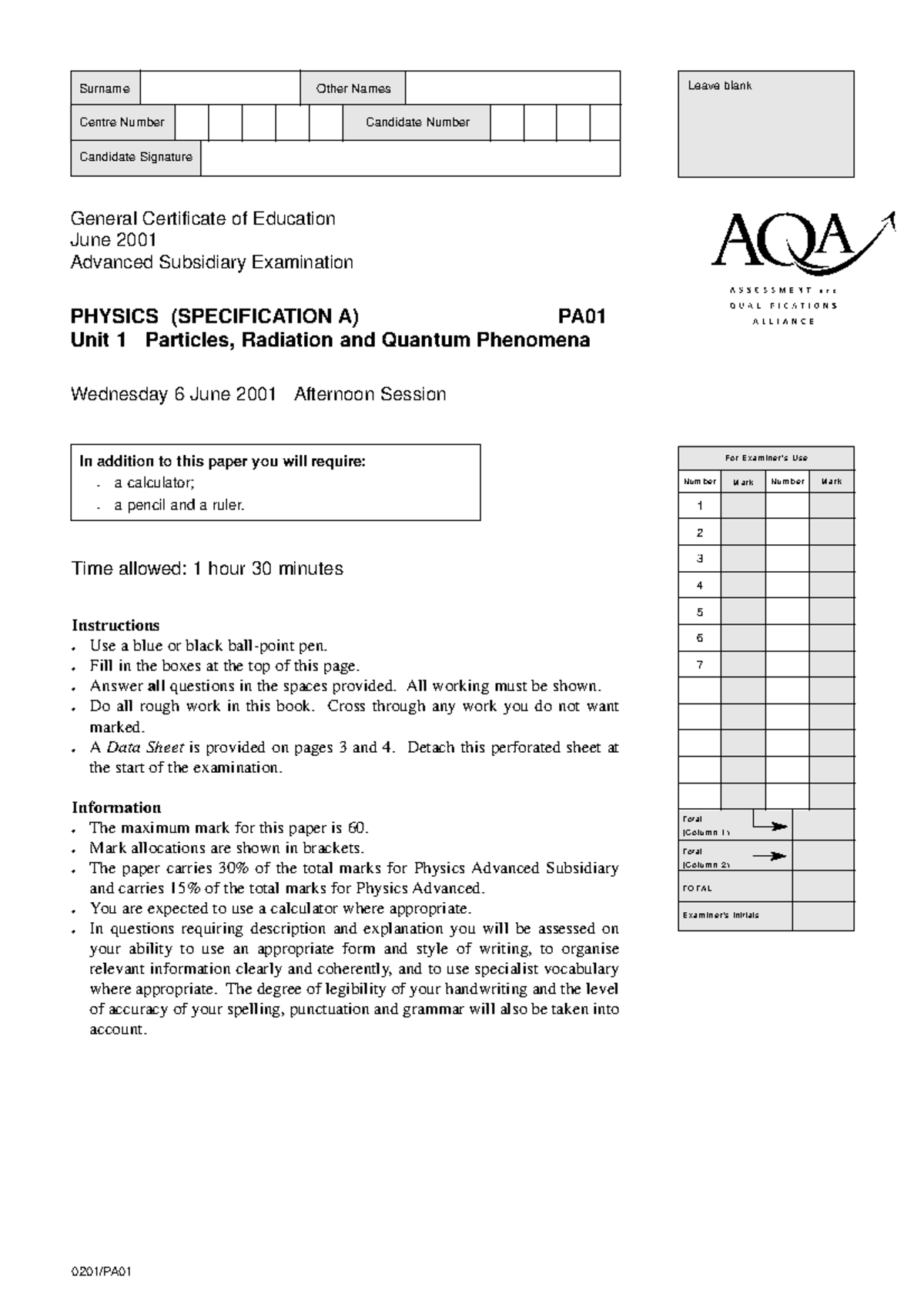 AQA PA01 Unit 1 Physics Exam Paper - June 2001 - Studocu