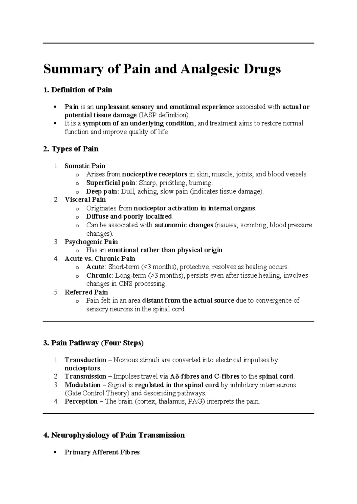 Pain and Analgesic Drugs: Summary Notes for Course 1 - Studocu