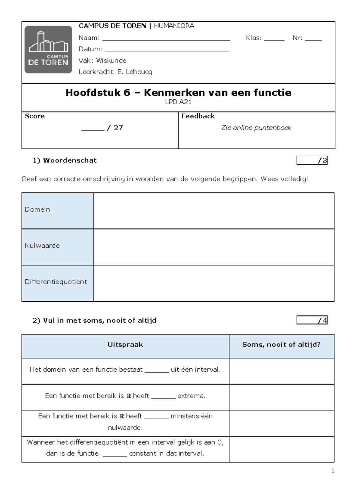 Toets - Kenmerken van een functie LPD A21 - Studocu