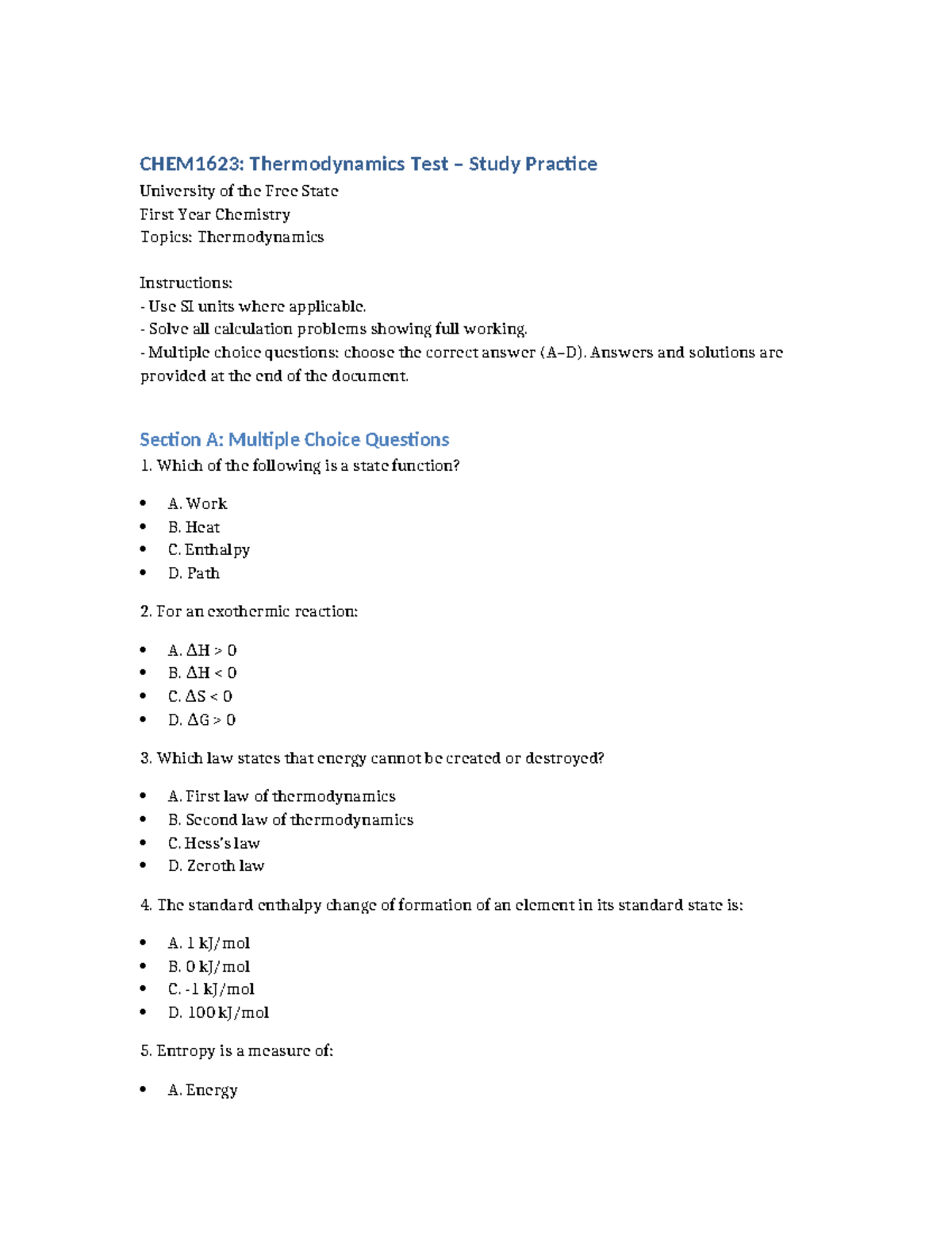 CHEM1623: Thermodynamics Test Study Guide and Practice Questions - Studocu