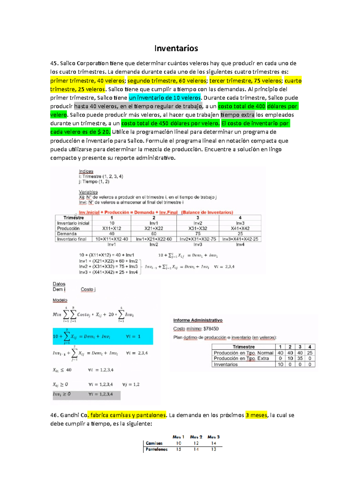 Ejercicios de Inventarios y Programación Lineal en Producción - Studocu