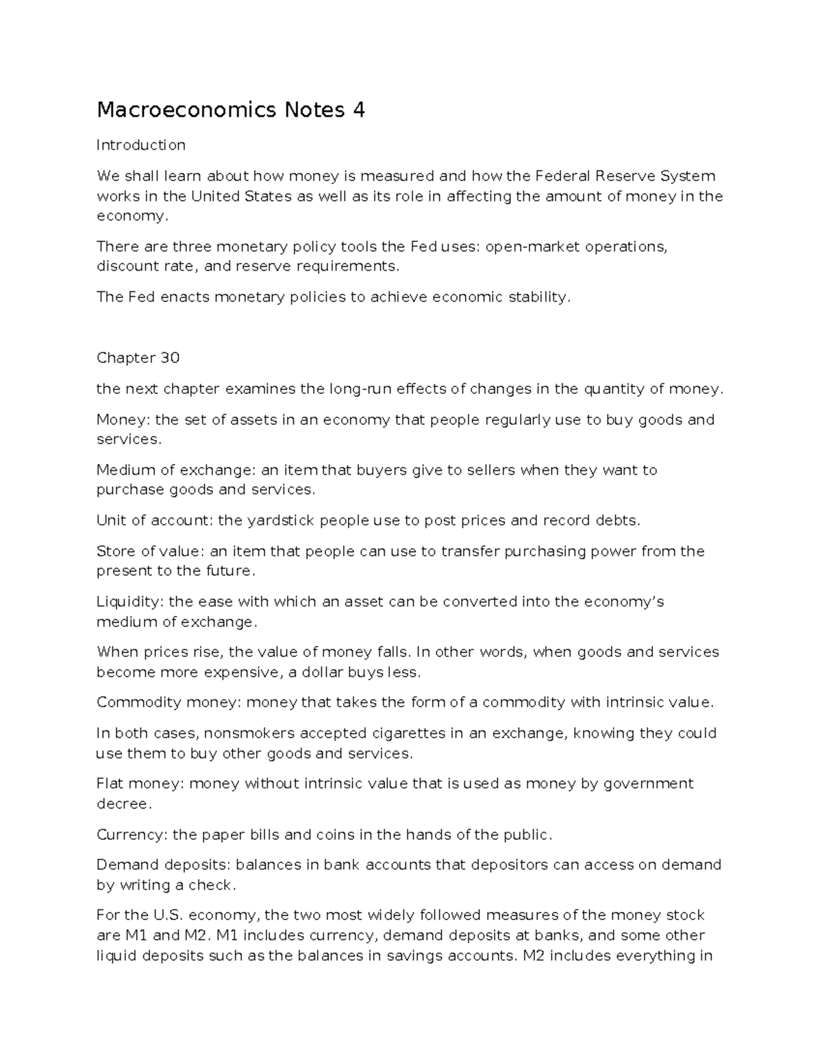 Macroeconomics Notes 4: Money Measurement & Federal Reserve Functions ...