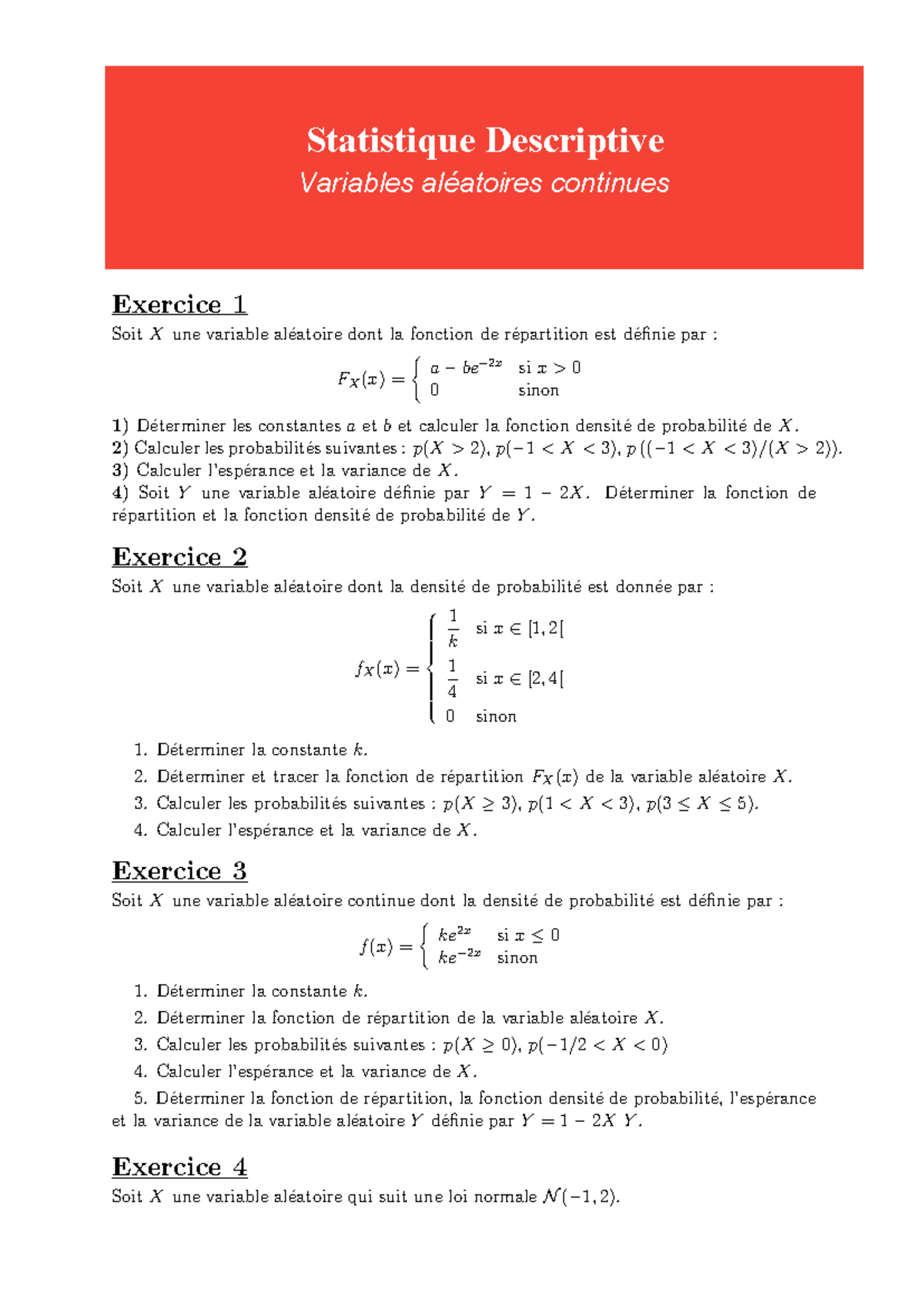 M321 - BCG - Variables Aléatoires Continues - Série N° 5 - Studocu