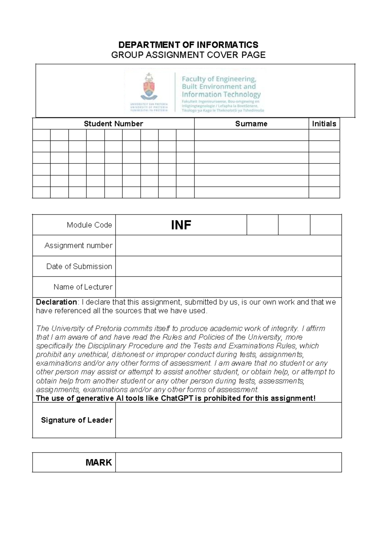 INF 324 Group Assignment Cover Page and Declaration - Studocu