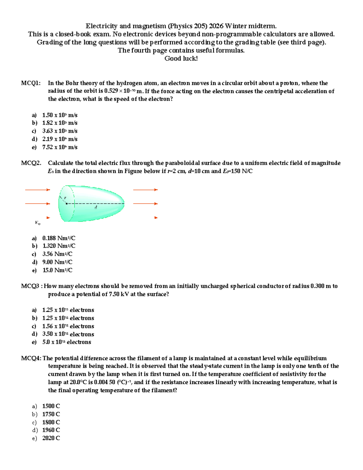PHYS205 Winter 2026 Midterm Exam: Electricity & Magnetism - Studocu