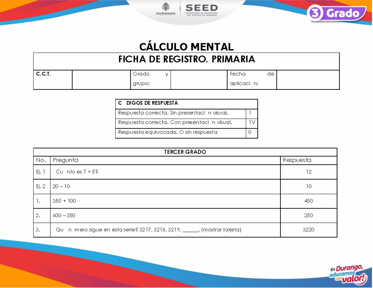 Tercer Grado Cálculo Mental - Ficha de Registro - Studocu