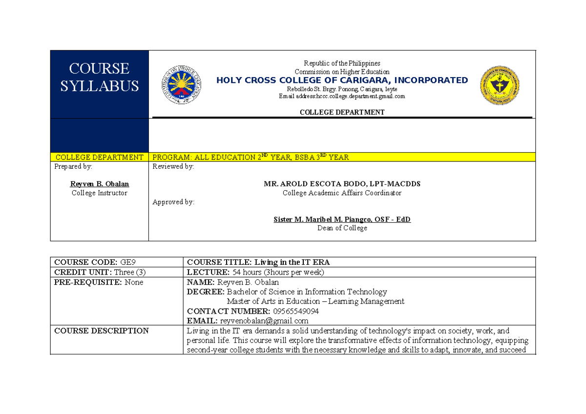 GE9: Living in the IT Era - Course Syllabus for 2nd Year Students - Studocu