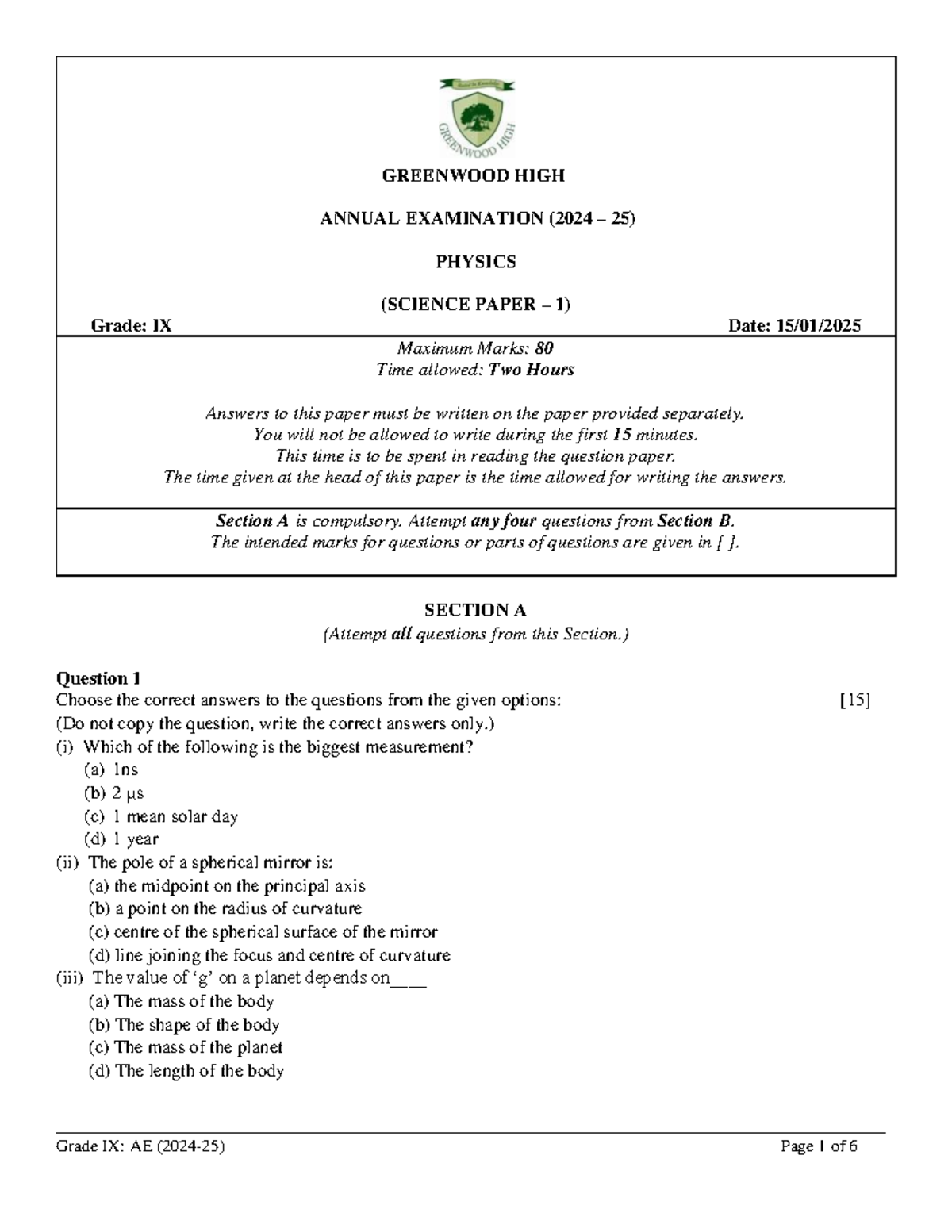 Gr9 AE 5 Physics Annual Exam QP 2024-25 - Studocu