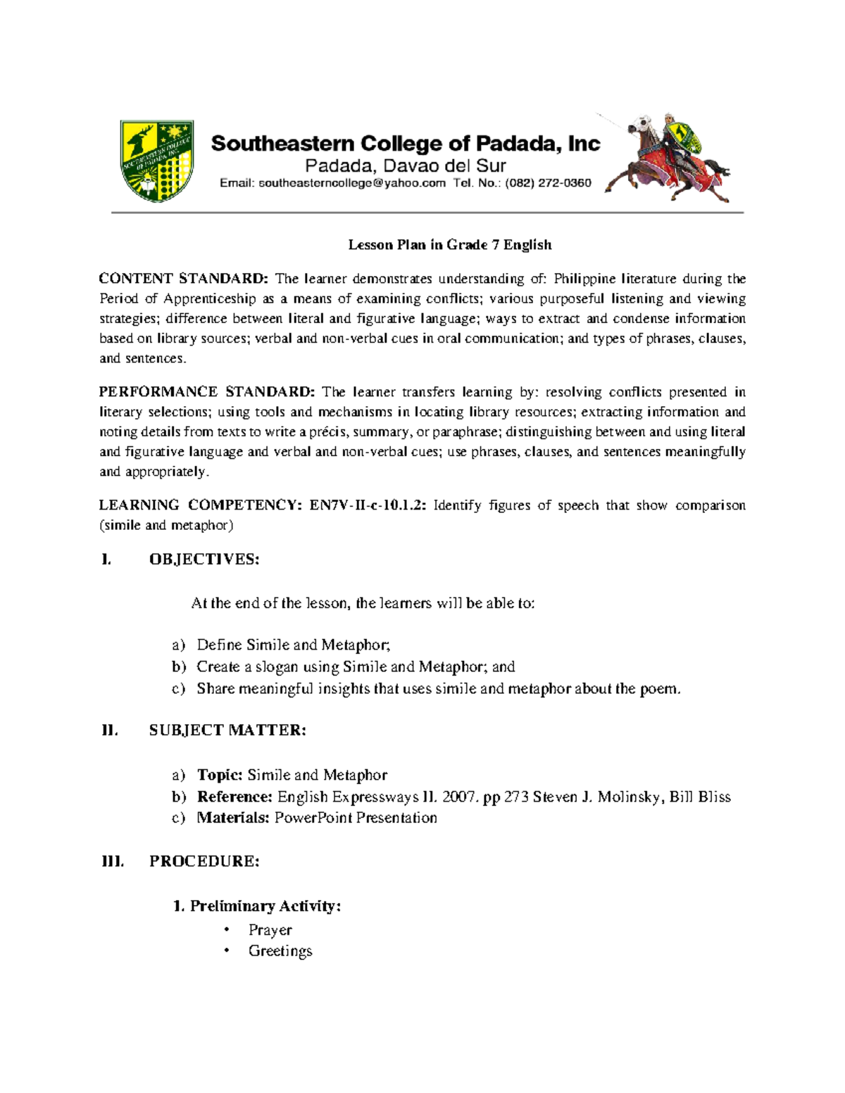 Grade 7 English Lesson Plan: Exploring Simile & Metaphor - Studocu