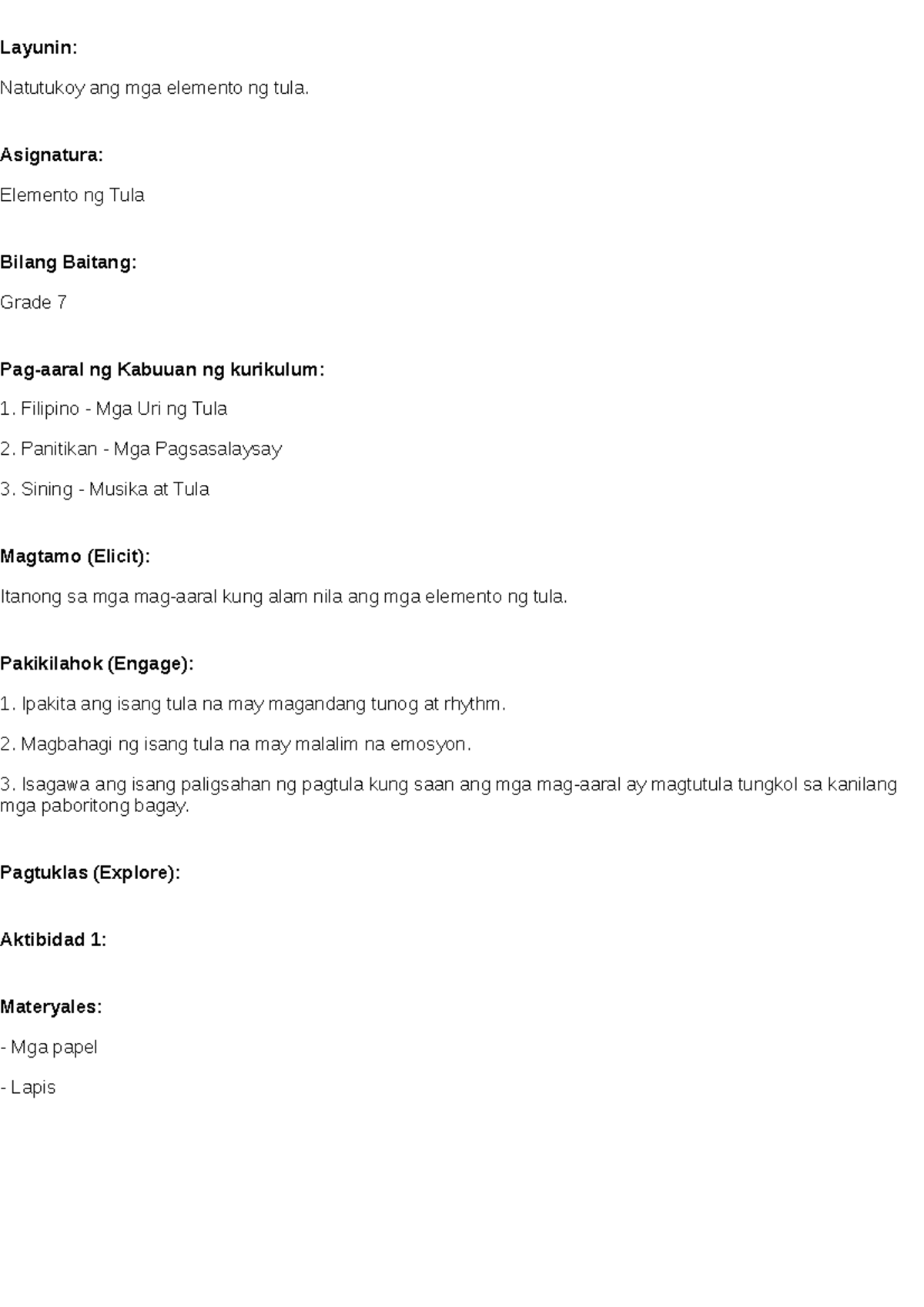 Lesson Plan: Mga Elemento ng Tula - Grade 7 (Filipino) - Studocu
