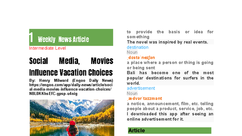 Weekly News Article Intermediate Level: Social Media's Impact on ...