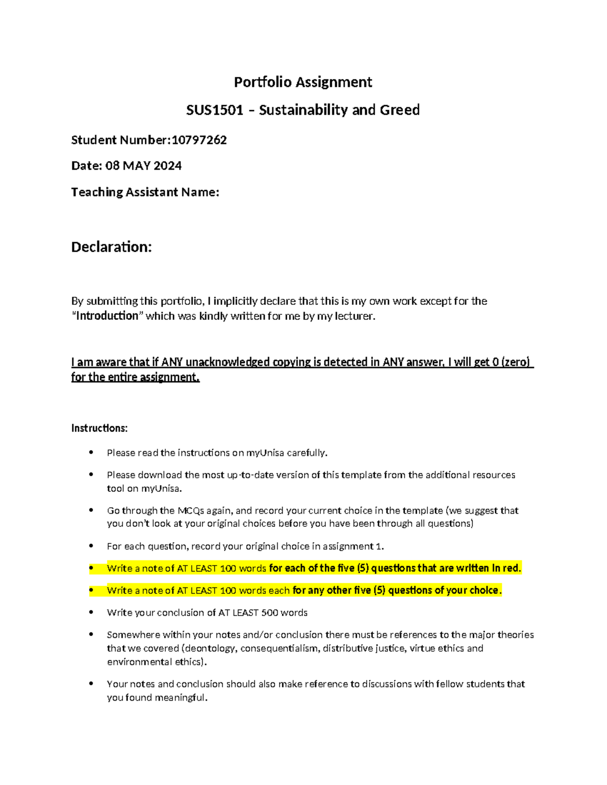 SUS1501 Portfolio Assignment: Perspectives on Sustainability and Greed ...