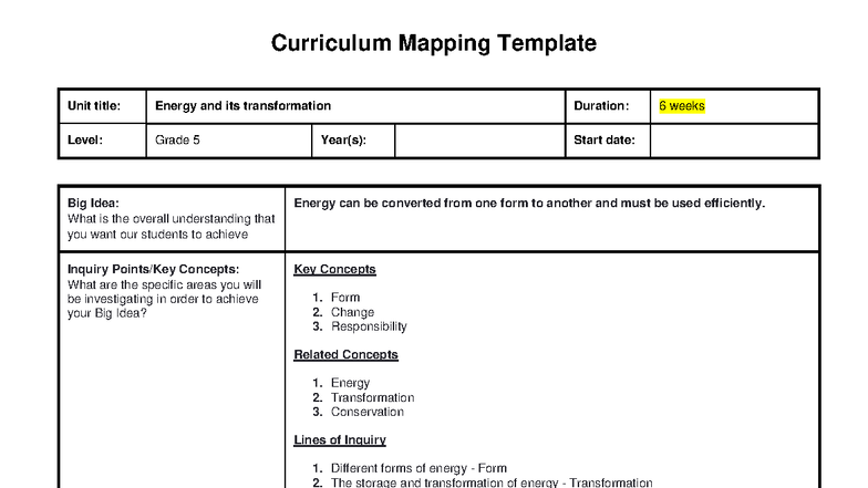 Curriculum Mapping Template: Energy & Transformation (Grade 5) - Studocu