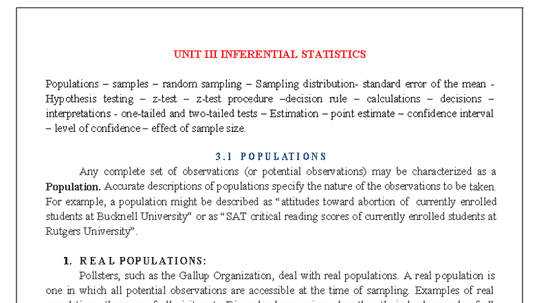 UNIT 3 - Inferential Statistics: Populations, Samples, and Hypothesis ...