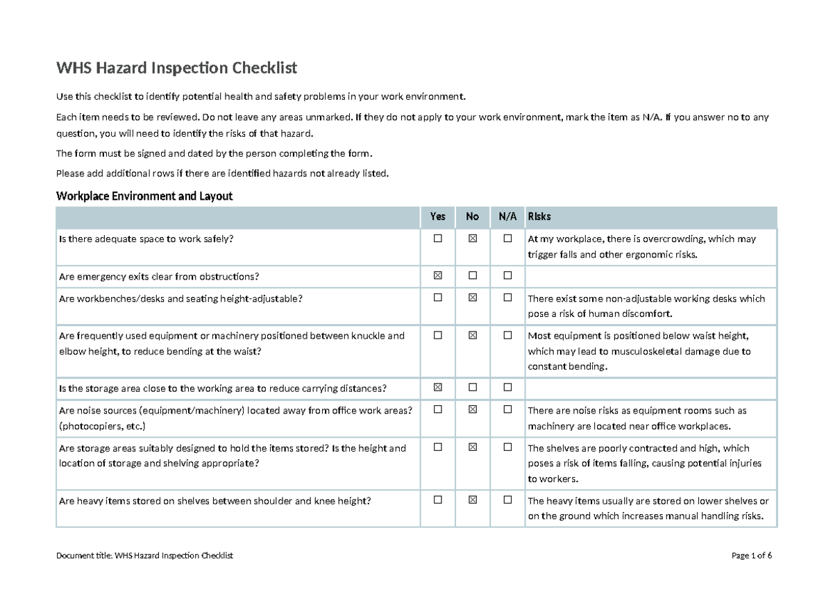 Bsbwhs 411 A2 Part2 Task1 - Copy - WHS Hazard Inspection Checklist Use ...