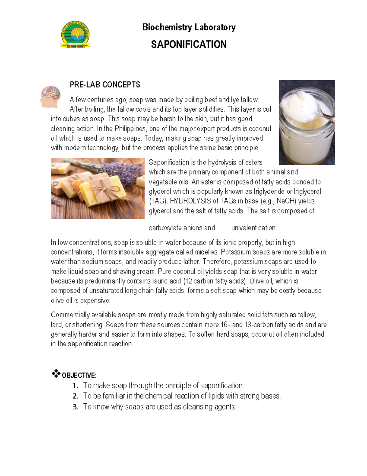 Biochemistry Laboratory- Saponification pdf - SAPONIFICATION PRE-LAB CONCEPTS A few centuries ...