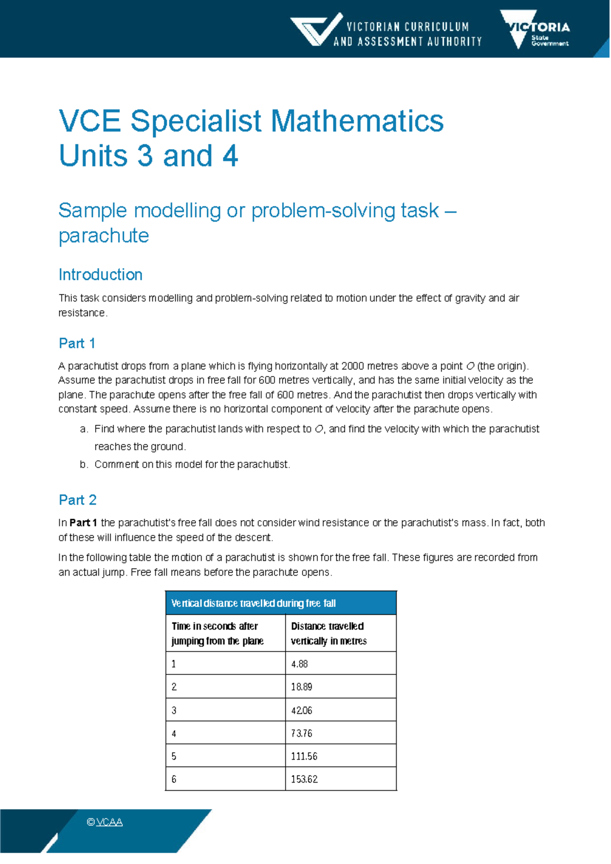 2023 VCE Specialist Mathematics Units 3 & 4 Modelling Task: Parachute ...