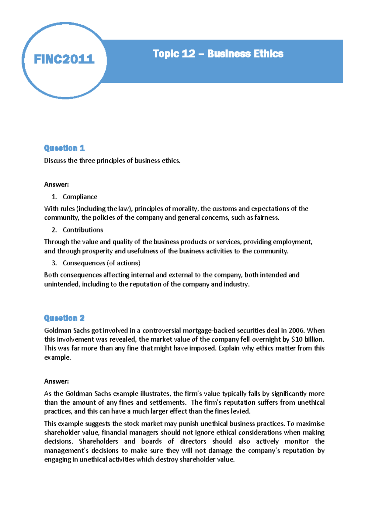 Wk 12 - Business Ethics Tutorial Solutions - FINC2 011 Topic 12 ...