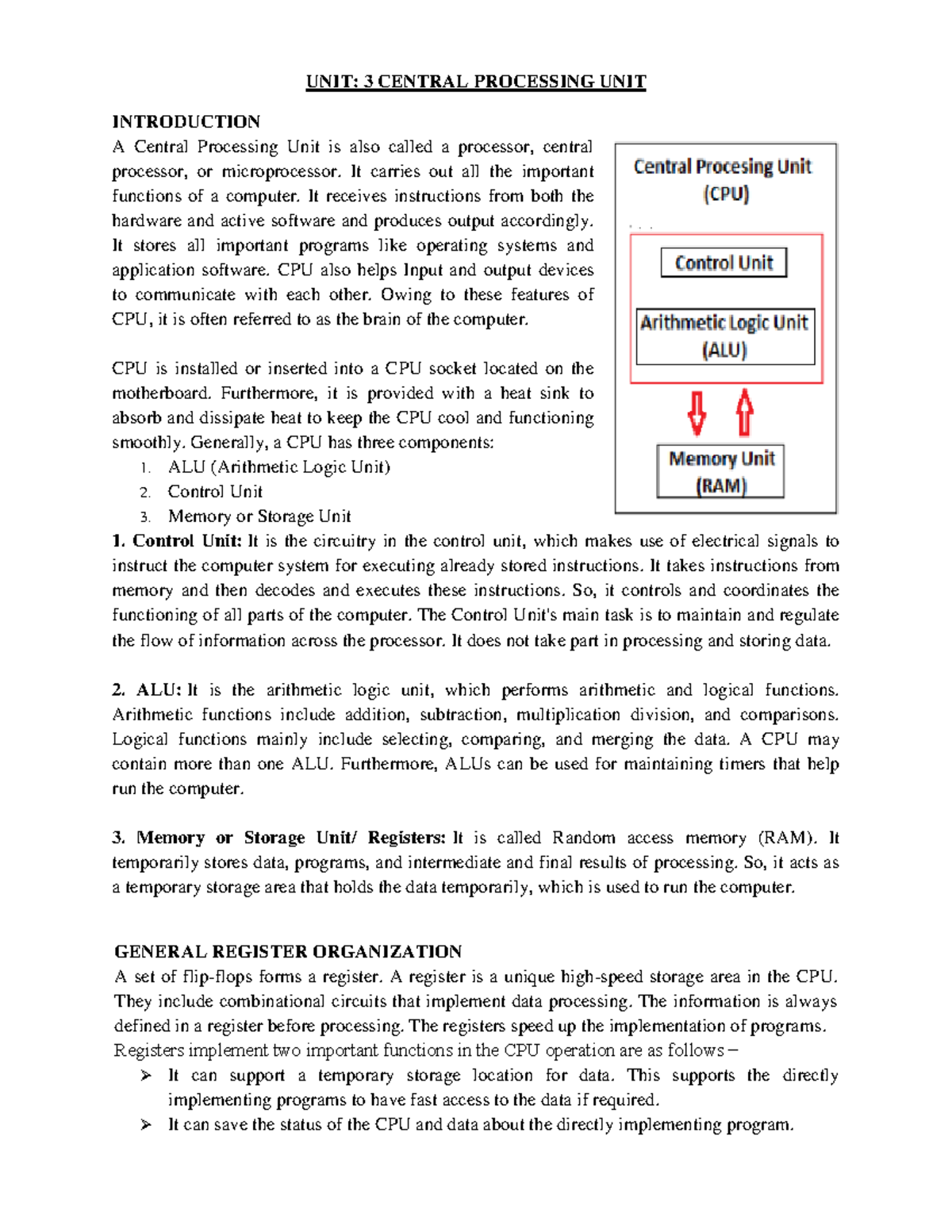 Unit 3: Central Processing Unit Overview and Architecture Details - Studocu