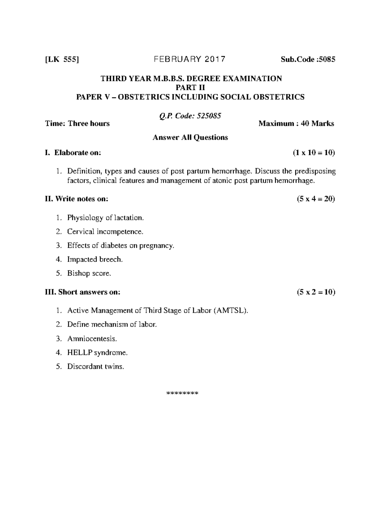 M.B.B.S. 3rd Year Part II Paper V Obstetrics Exam Questions (Sub.Code ...