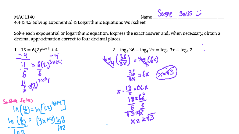 MAC 1140 4.4 & 4.5 Exponential & Logarithmic Equations WS - Studocu