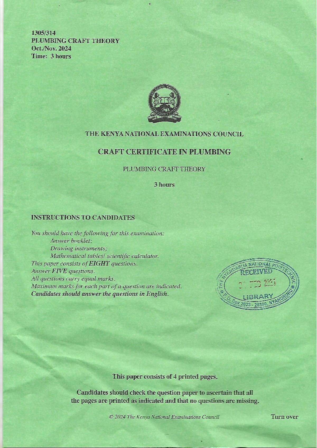 Plumbing Craft Theory Exam - KNEC 4067 - 2024 Guide - Studocu
