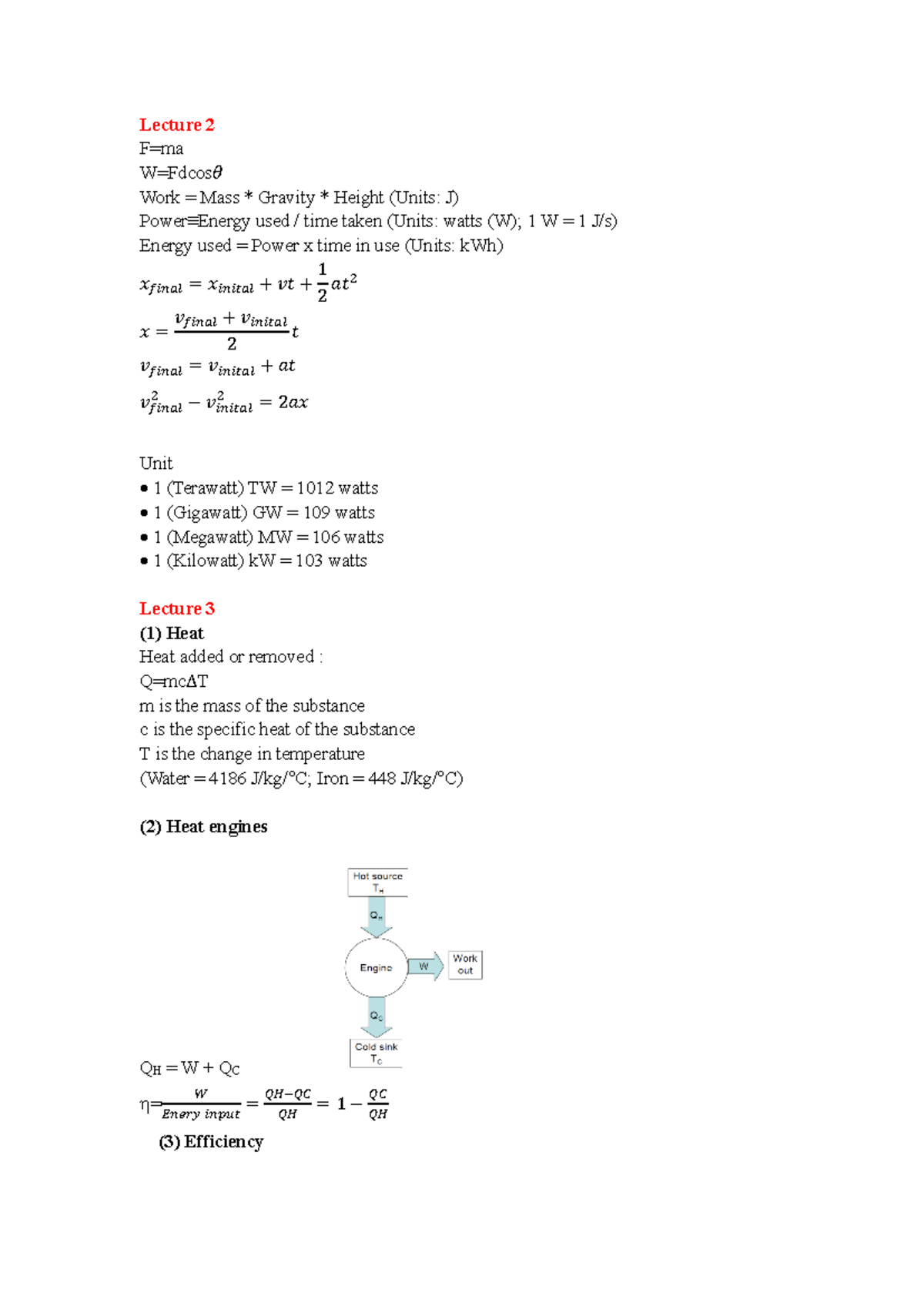 20221130 Formula Sheet L1-L10 final - Lecture 2 F=ma W=Fdcos𝜃 Work ...