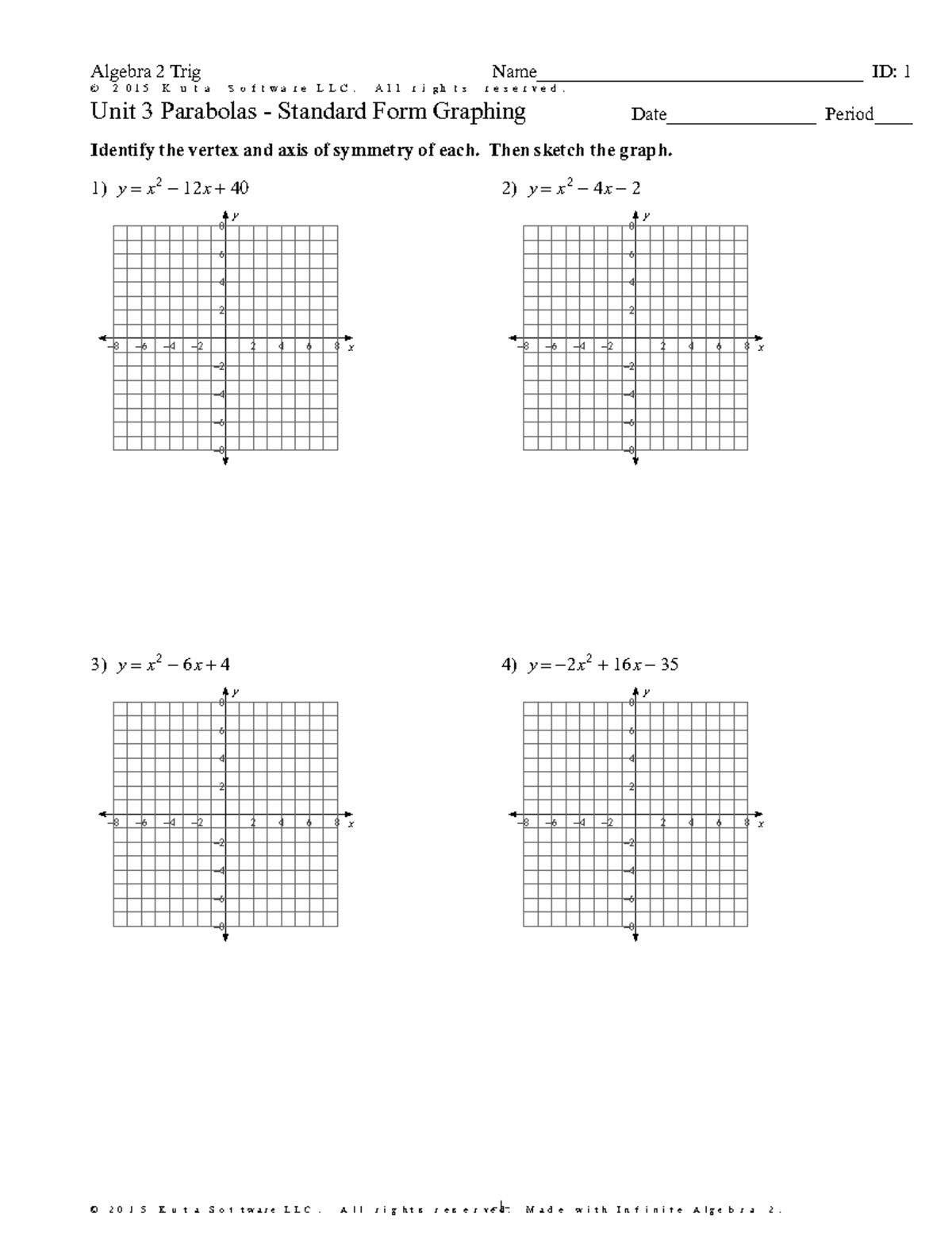 Algebra 2 Trig Unit 3 Worksheet: Standard Form Parabolas - Studocu