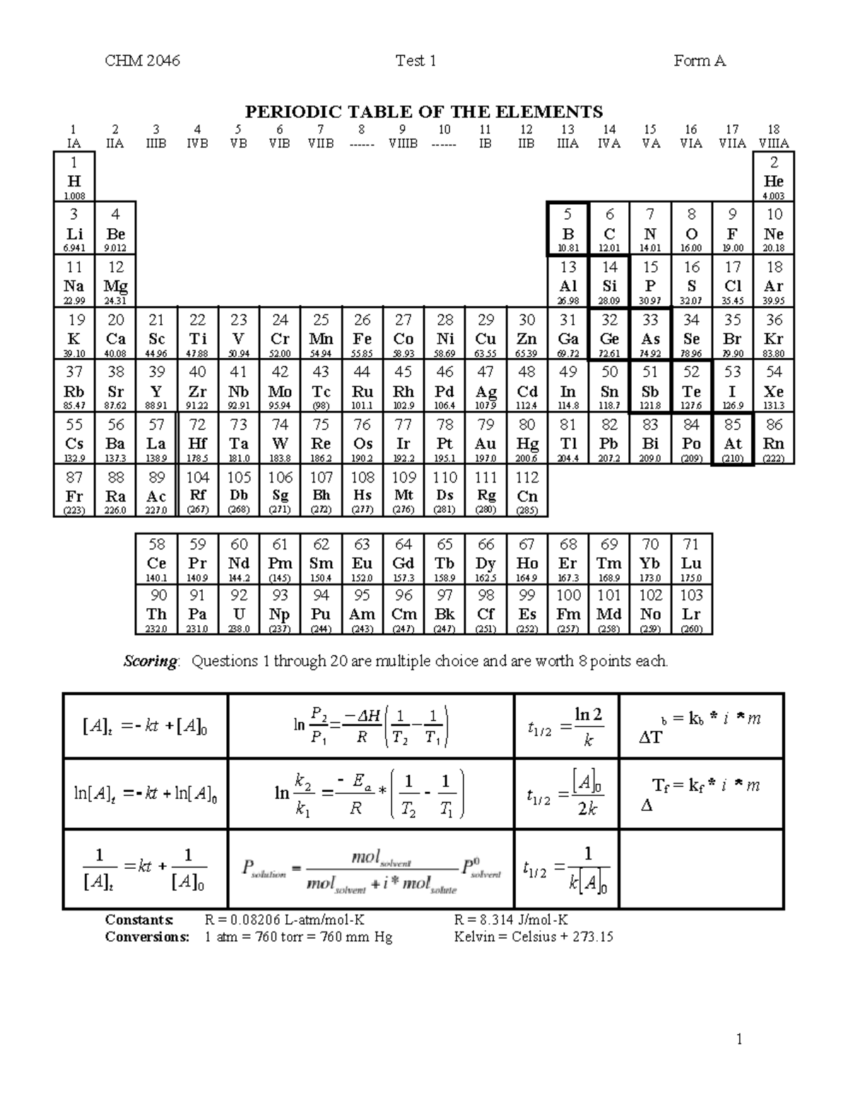 CHM 2046 Exam I - Practice Test with Periodic Table Elements - Studocu