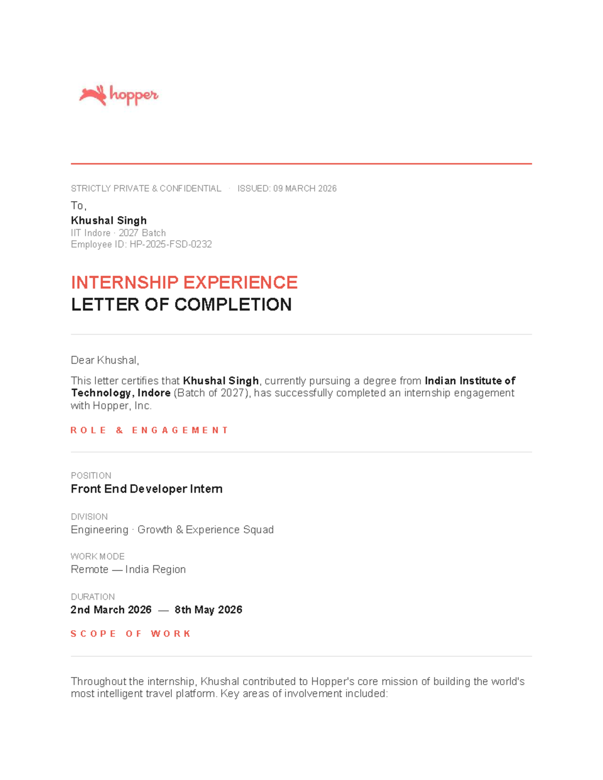 Internship Experience Letter: Khushal Singh - IIT Indore 2027 - Studocu