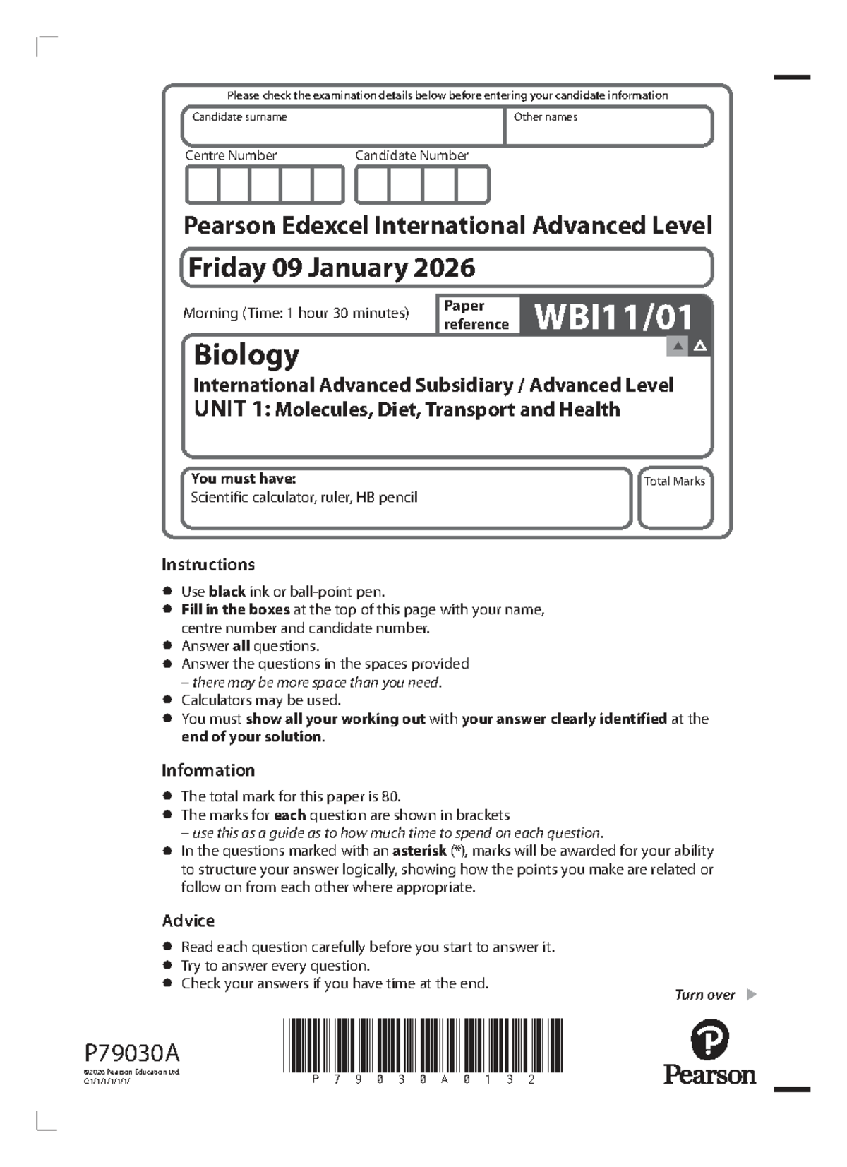 Biology IAL Unit 1 Exam Paper - January 2026 - Studocu