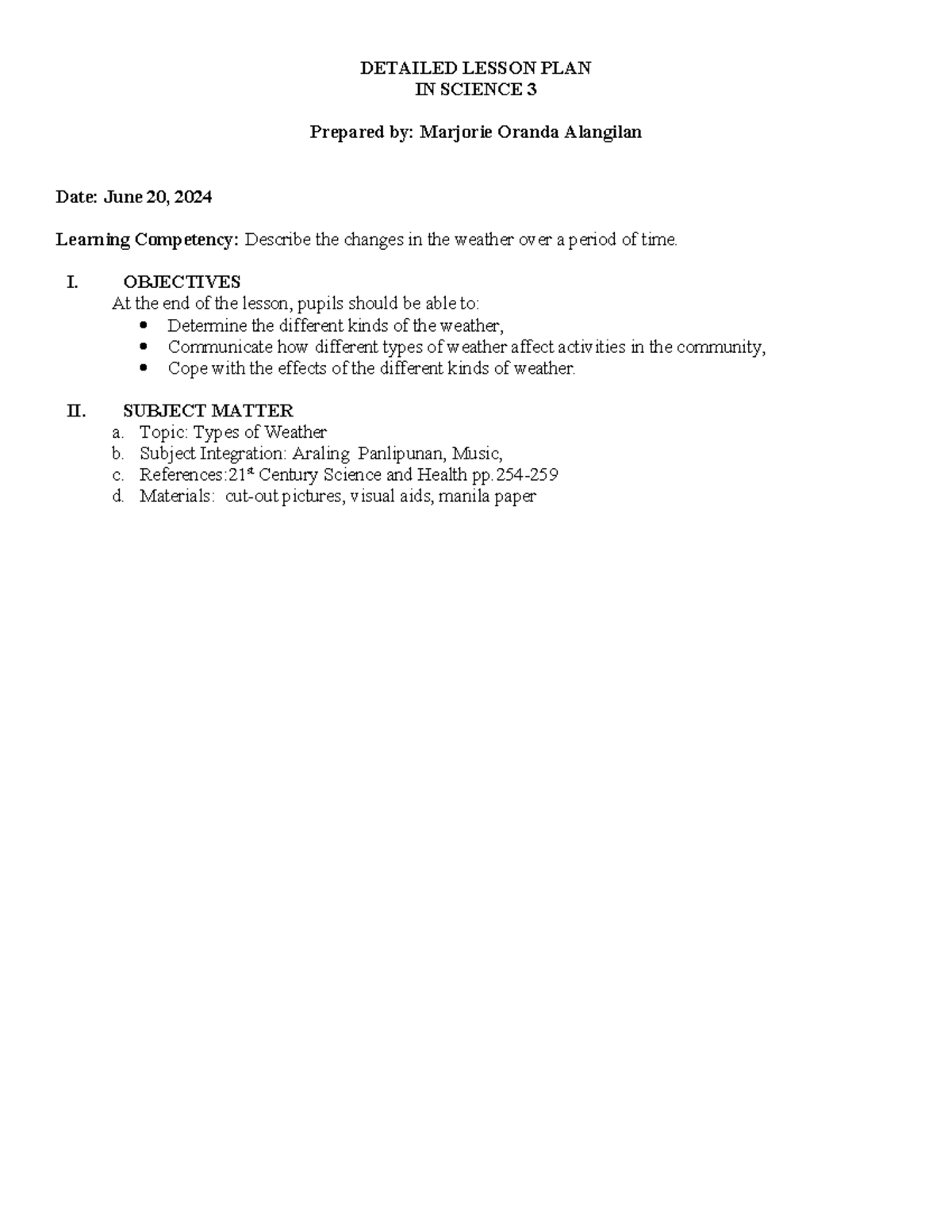 Detailed Lesson Plan for Science 3: Types of Weather - Studocu
