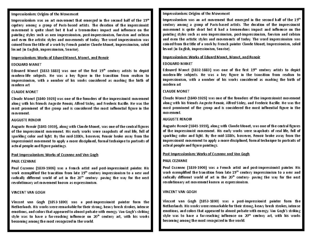 Impressionism: Key Artists and Their Influence on Modern Art - Studocu