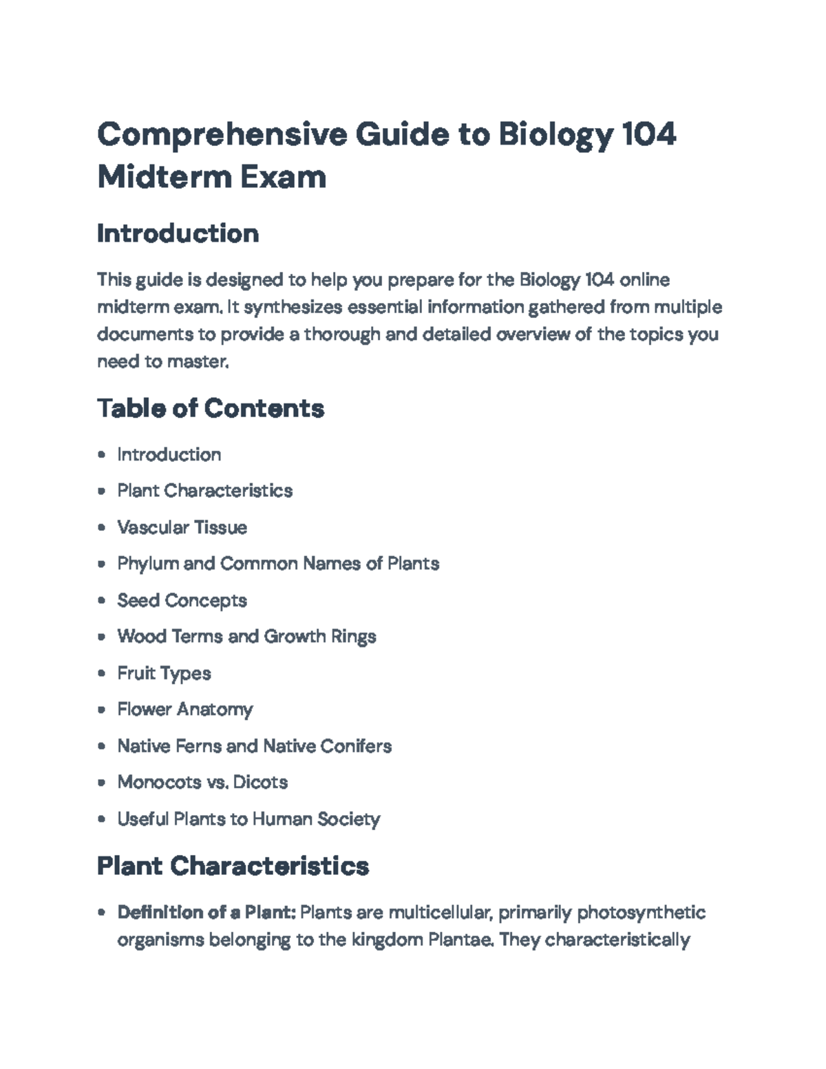 Biology 104 Midterm Exam Study Guide Essential Plant Concepts