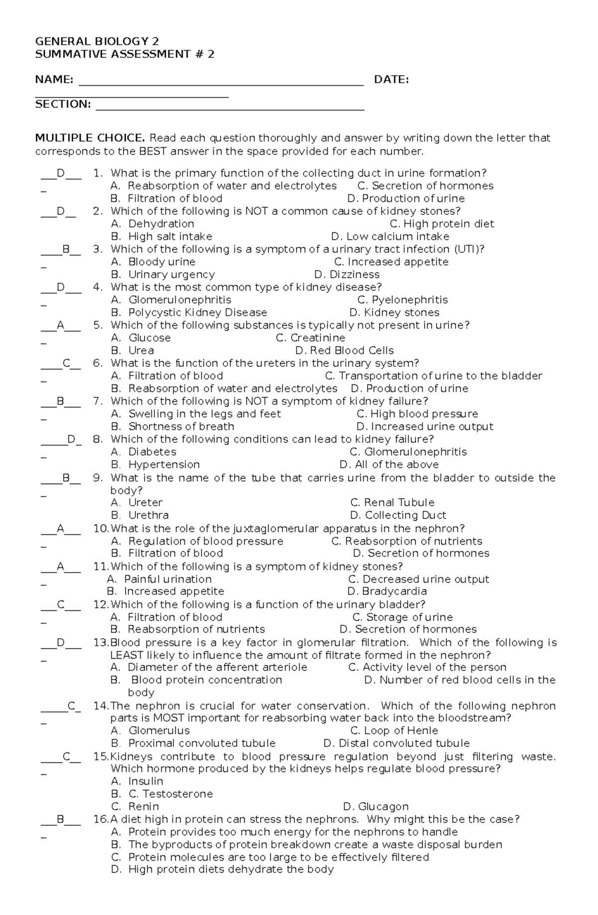 BIO 102 Excretory System Quiz: Summative Assessment 2 - Studocu