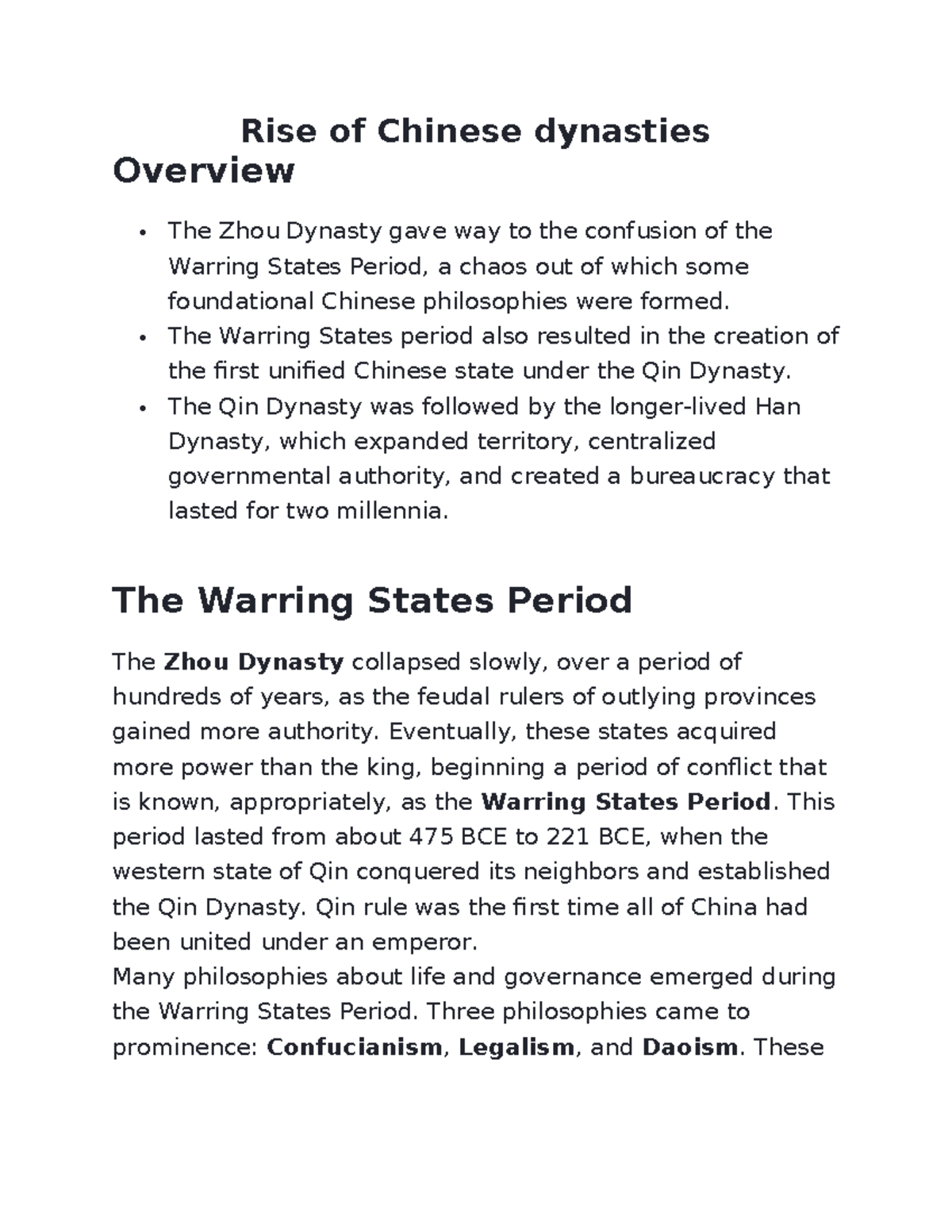 Rise of Chinese dynasties - Rise of Chinese dynasties Overview The Zhou ...