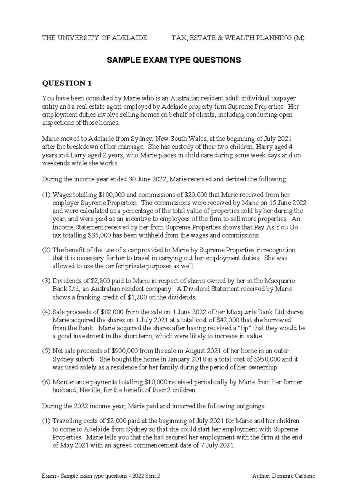 Exam - Sample exam type questions - 2022 Sem 2 - Her employment duties ...
