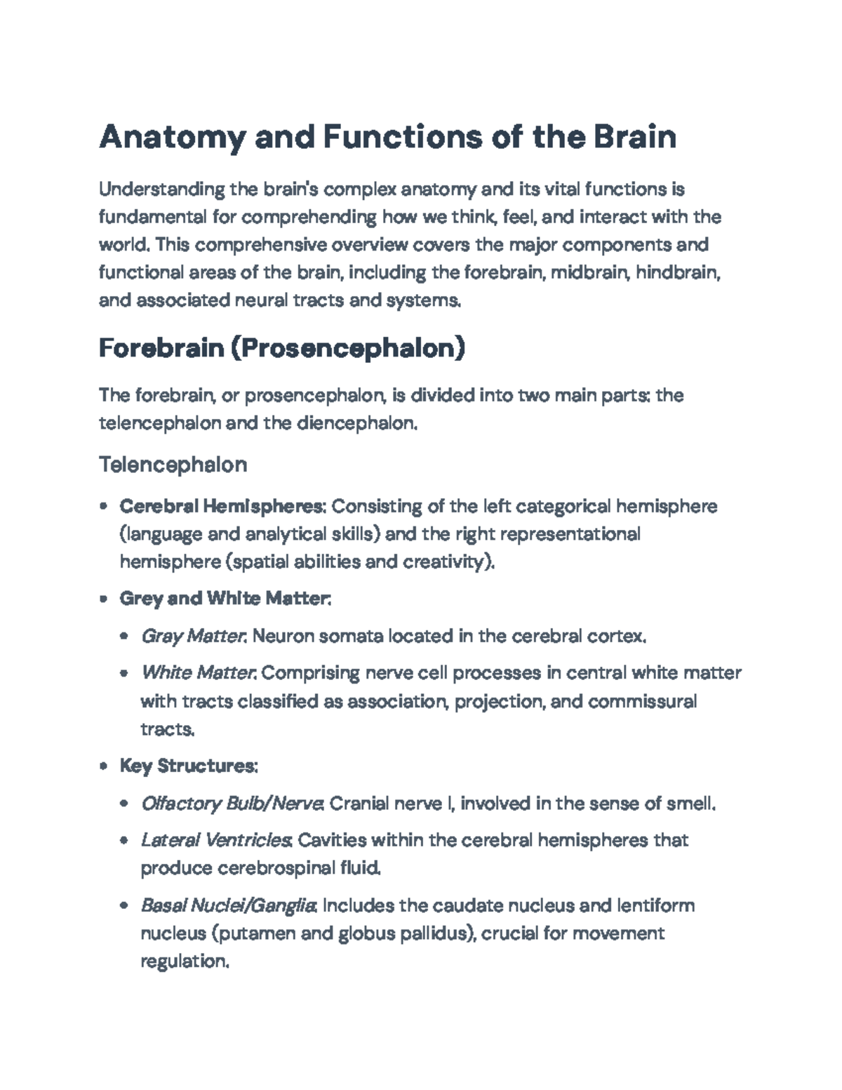 Anatomy and Functions of the Brain: An Overview for Neurobiology ...