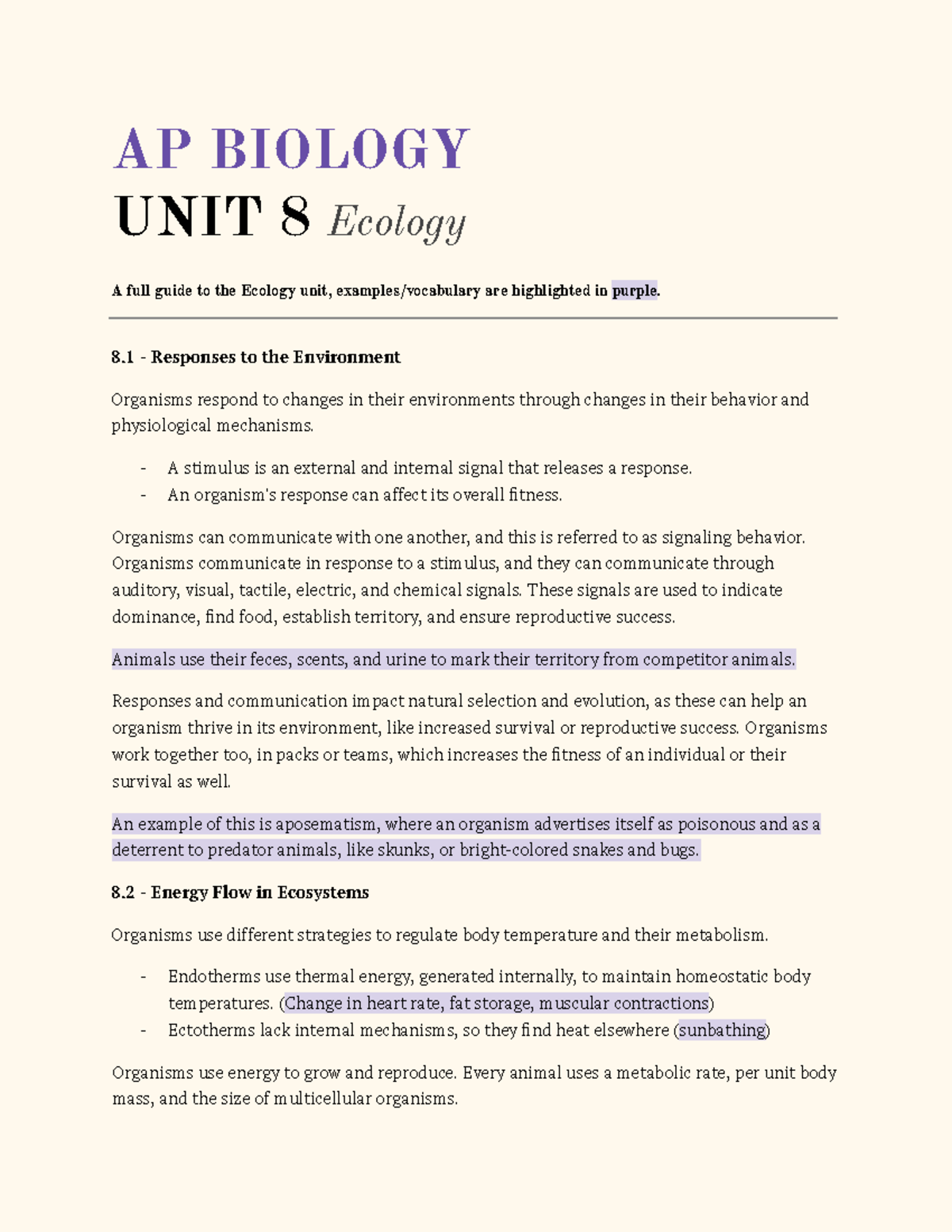 AP BIOLOGY UNIT 8 ECOLOGY: Comprehensive Study Notes - Studocu