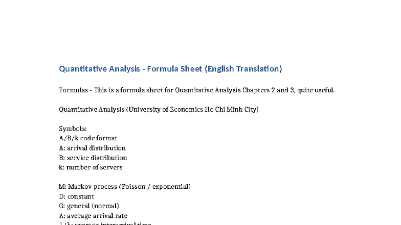 Quantitative Analysis (QA) Formula Sheet for Chapters 2 & 3 - Studocu