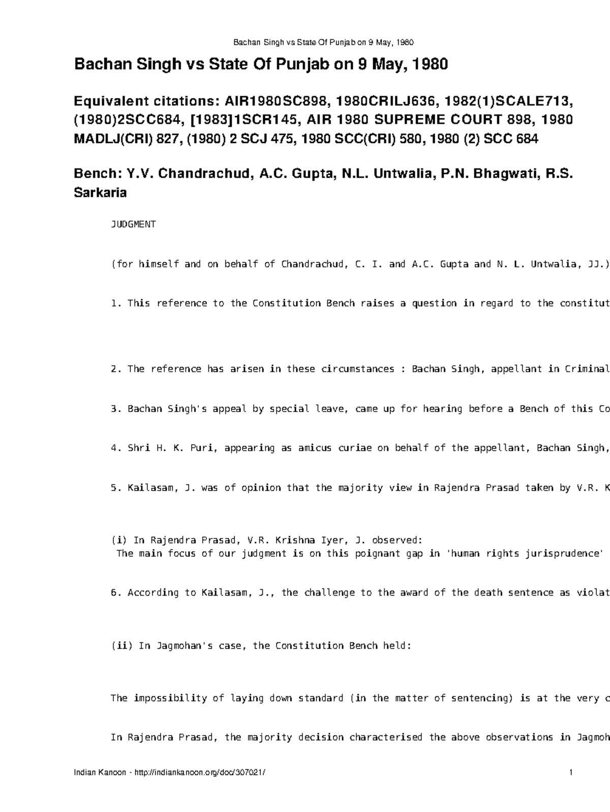 Bachan Singh vs State of Punjab: Supreme Court Judgment Analysis (1980 ...