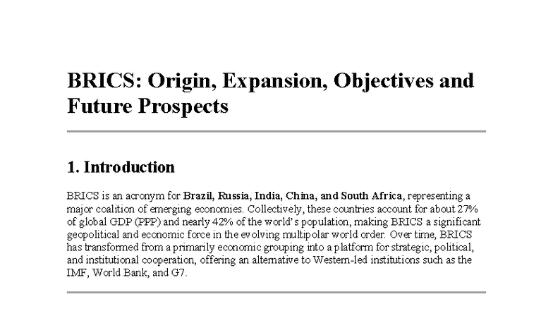 BRICS: Origins, Expansion, Objectives & Future Prospects Analysis - Studocu