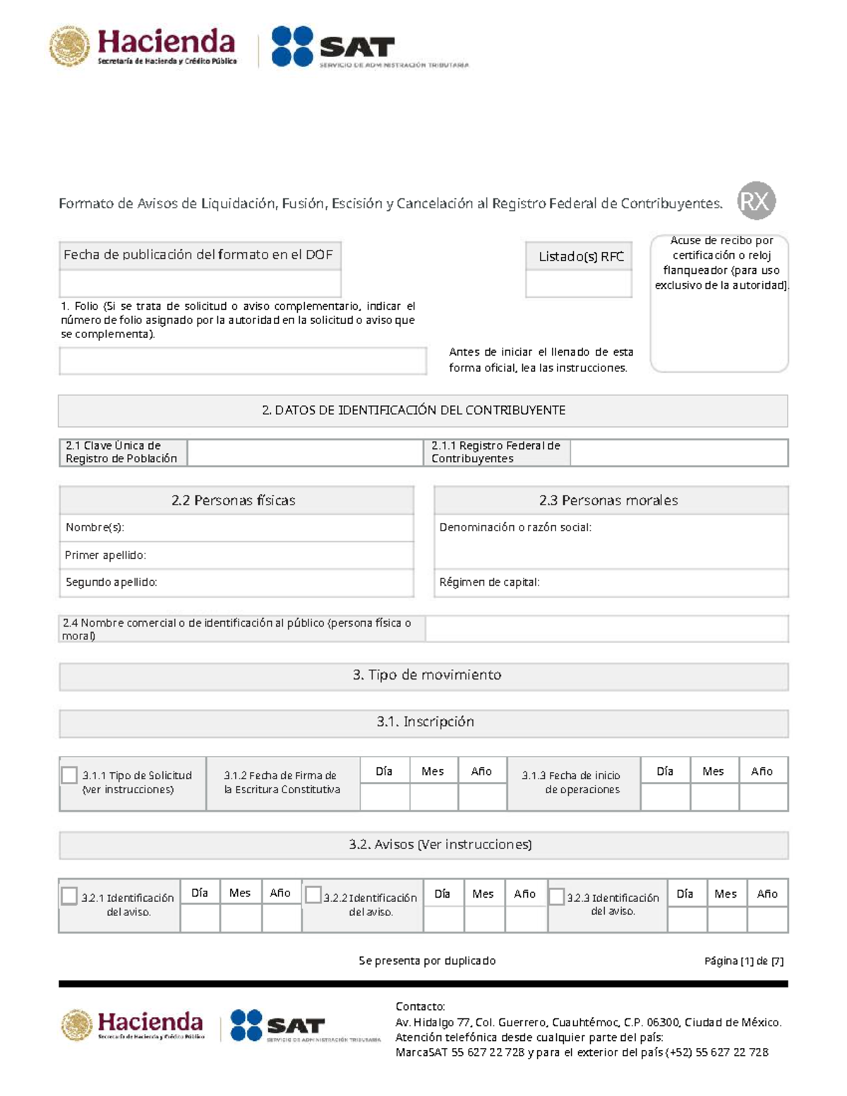 Formato RX de Avisos de Liquidación, Fusión y Escisión al RFC - Studocu
