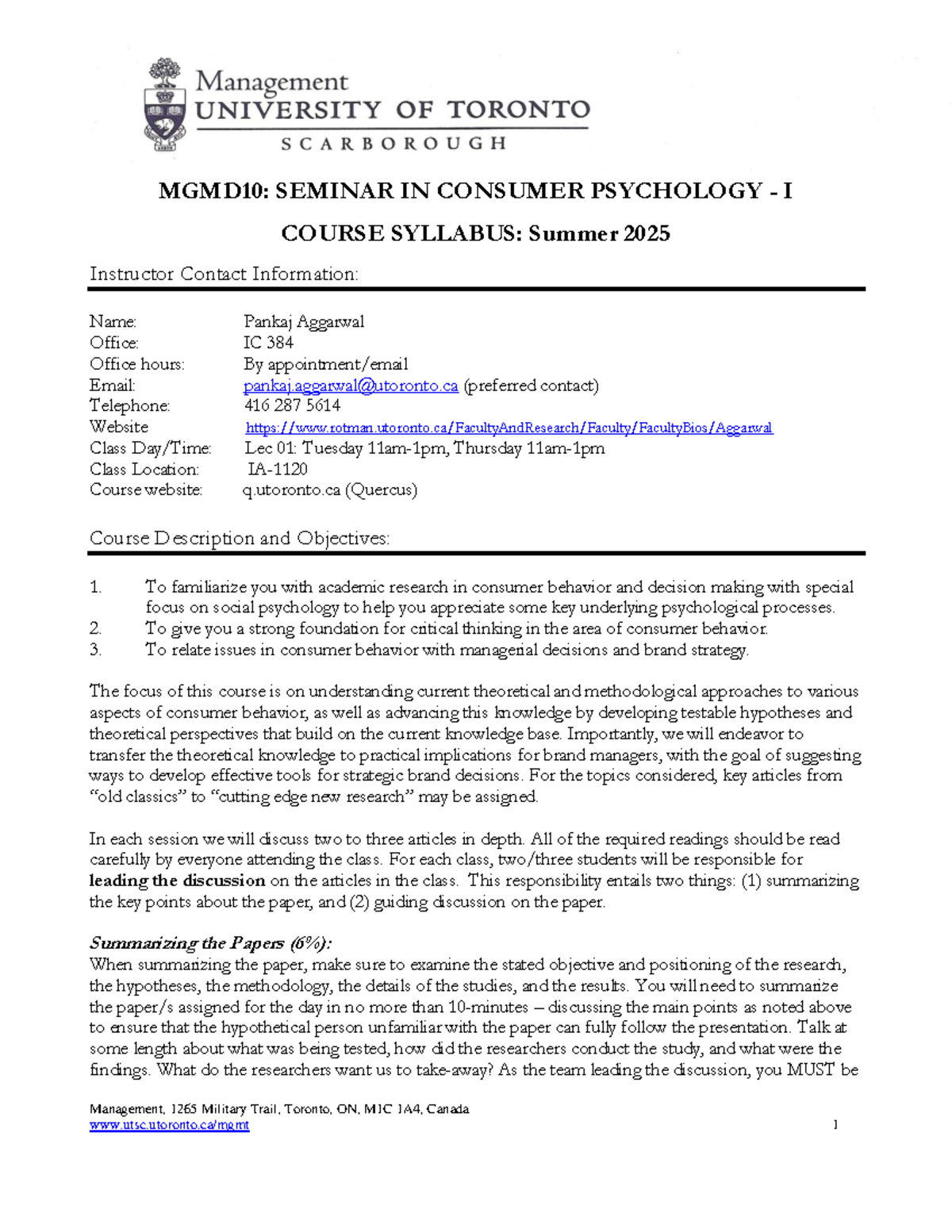 MGMD10: Seminar in Consumer Psychology I - Course Outline Summer 2025 ...