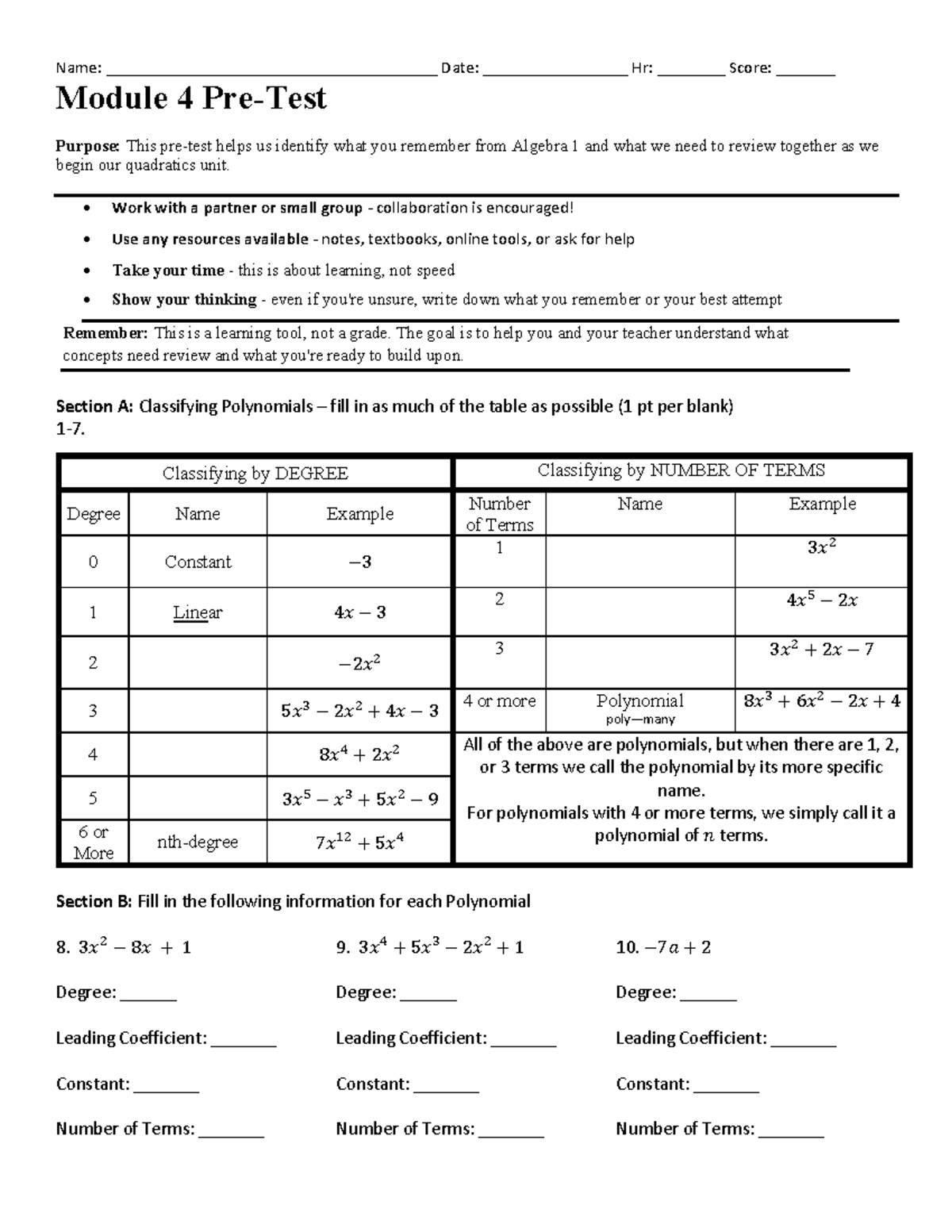 Mod 4 Pre-Test: Understanding Polynomials in Algebra 2 - Studocu