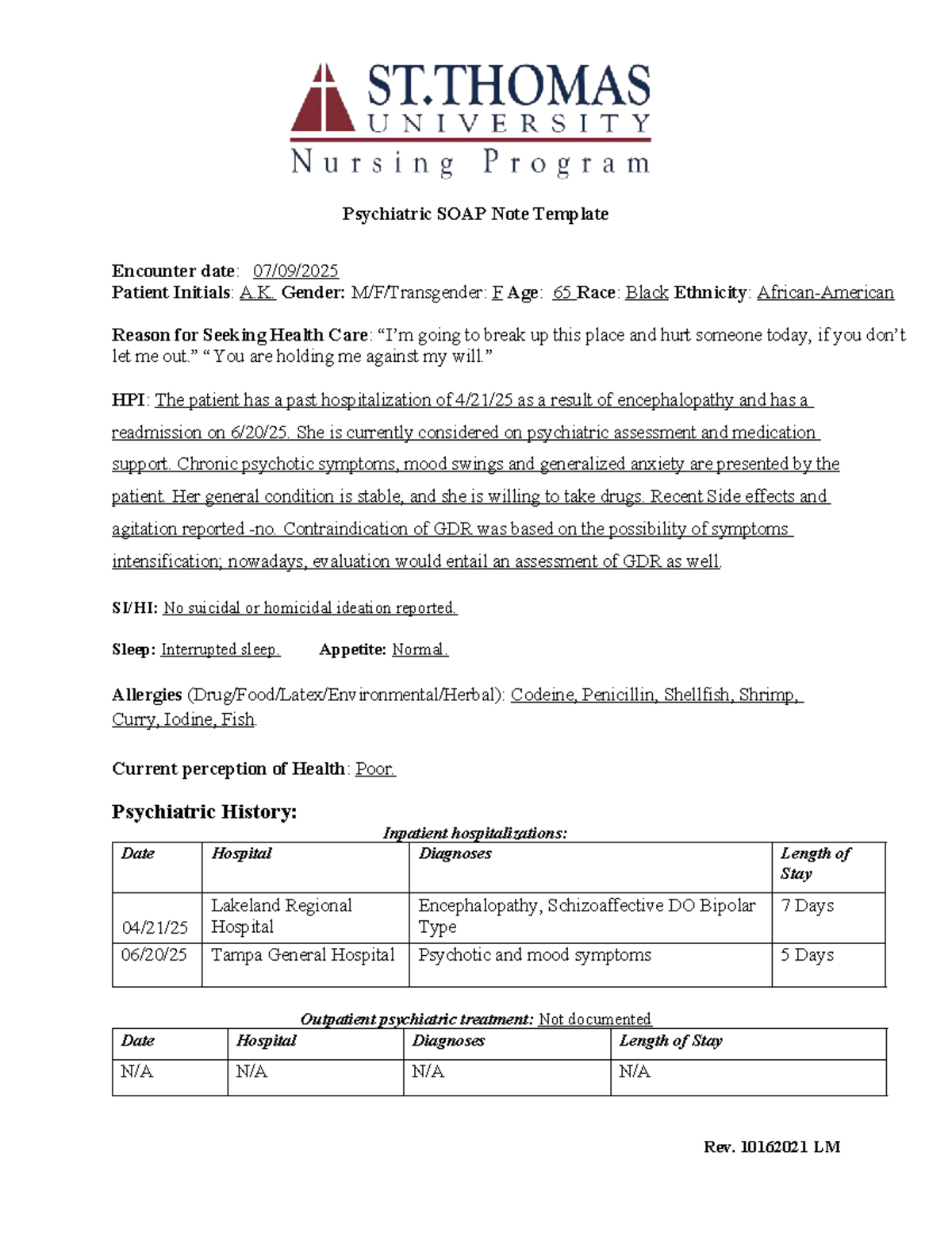 Psychiatric SOAP Note Template - Graduate Comp Eval (Rev. 10162021 ...