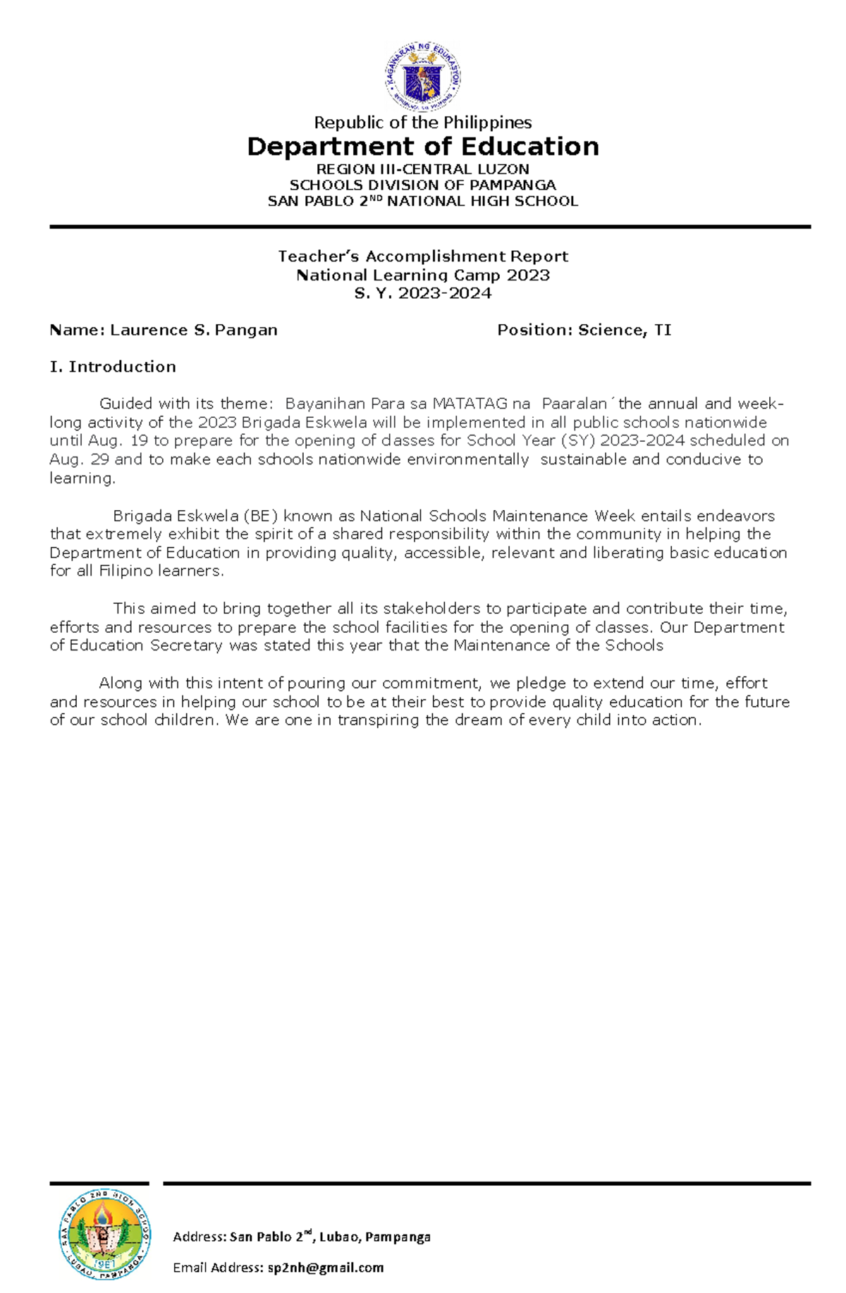 National Learning Camp-Accomplishment-Report-Laurence-2023 - Department ...