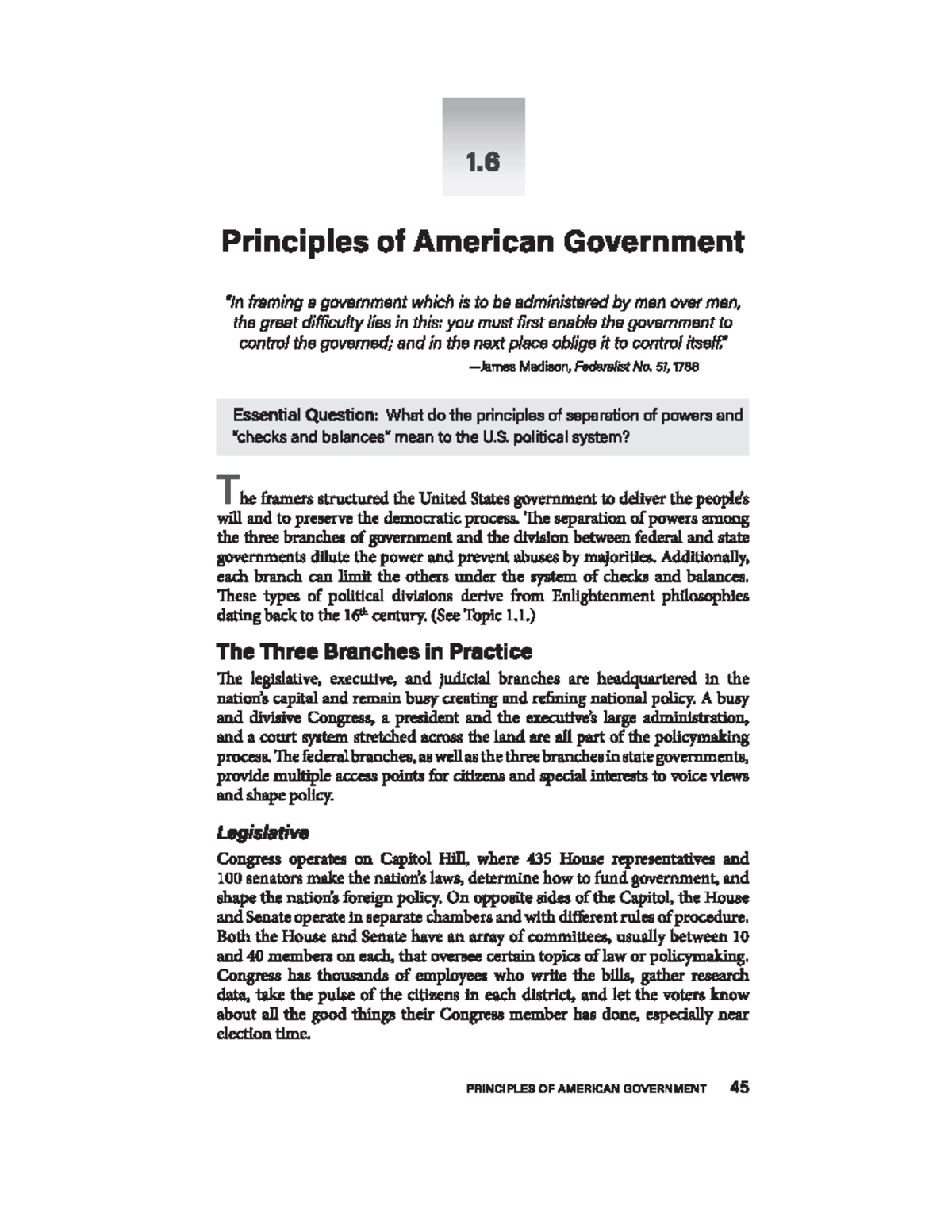 AMSCO 1.6 Principles of American Government: Separation of Powers ...